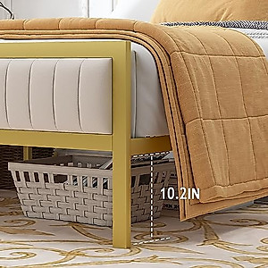 CIKUNASI Gold Queen Bed Frame, Upholstered Bed Frame with Velvet Headboard Footboard Heavy Duty Bed Frame with LED Lights/No Box Spring Needed/Easy Assembly