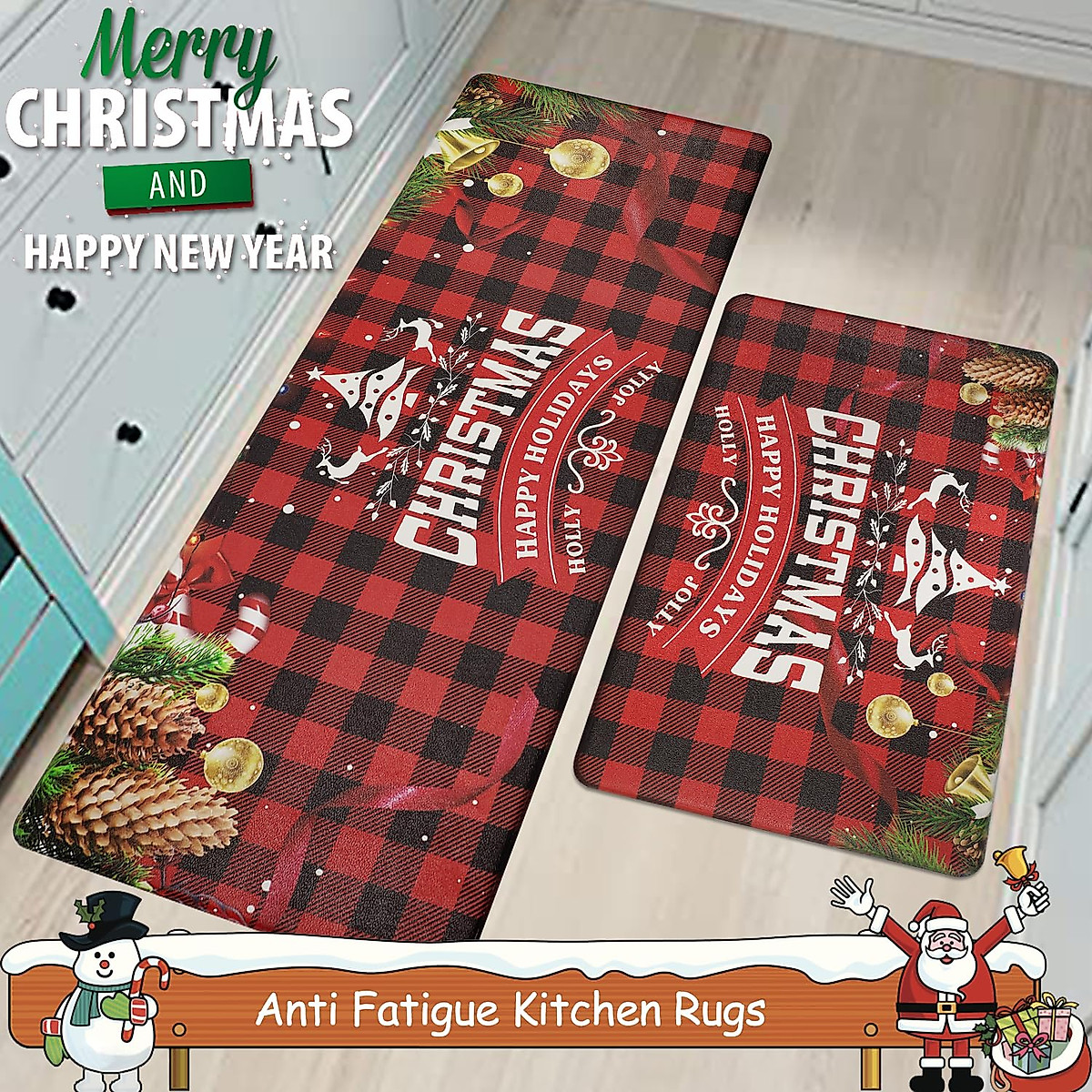 Cekene Anti Fatigue Kitchen Mat Set of 2 Christmas Memory Foam Thick Cushioned Rugs for Kitchen Non-Slip Standing Mat 17"×28" and 17"×47" Waterproof Wipeable