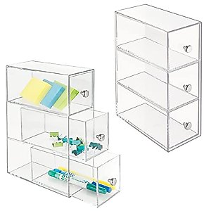 mDesign Plastic Stackable Desktop Organizer Tower Storage Station with 3 Drawers for Home Office - Holds Pens, Sticky Notes, Binder Clips, Notepads, or Gel Pens - Lumiere Collection - 2 Pack - Clear