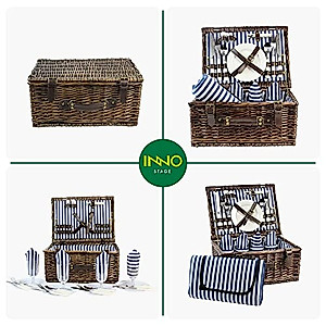 Wicker Picnic Basket for 4 with Soft Picnic Blanket, Picnic Set for 4 with Beach Mat, Willow Hamper Service Gift Set for Camping and Outdoor Party Best Gifts