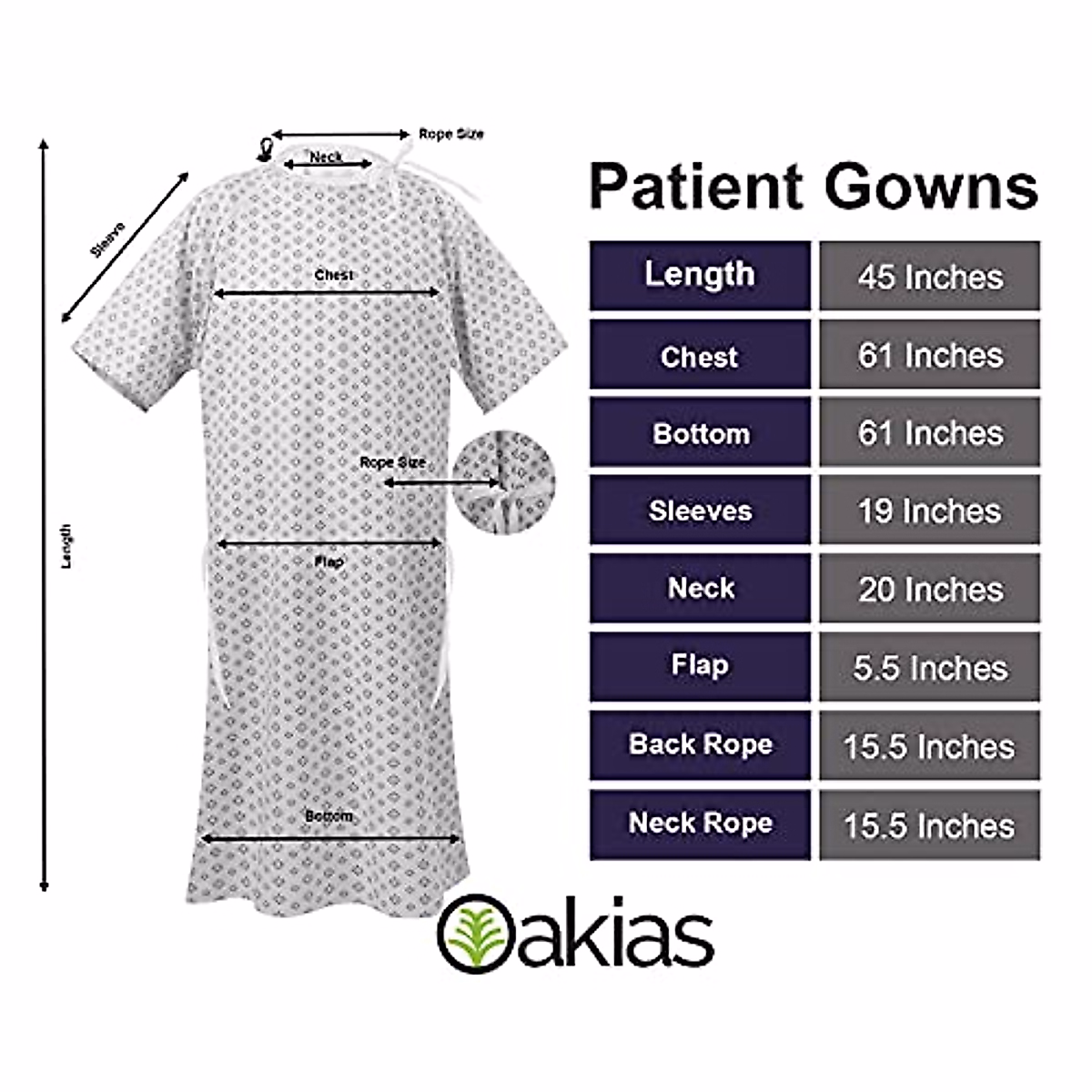 Oakias Patient Gowns 6 Pack – Unisex Cotton Blend Hospital Gown – 45” Long and 61” Wide – Fits Comfortably up to 2XL