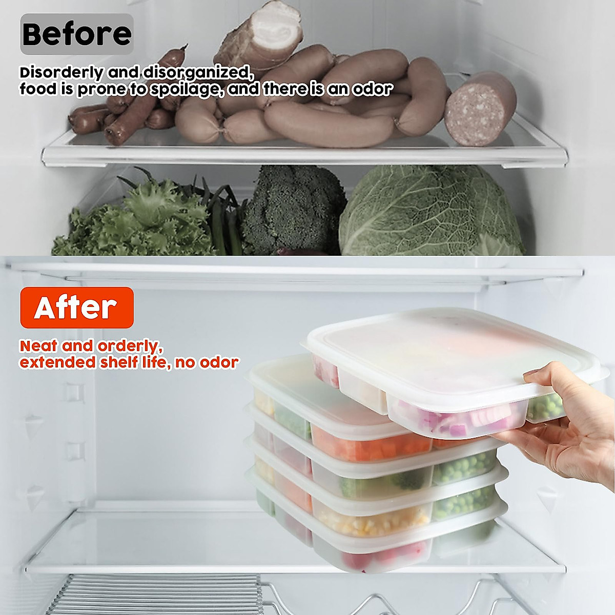 KKONHII 4 Pcs Divided Veggie Tray with Lid and Food Clip, 5 Compartment Reusable Snackle Box Food Storage Container Fridge Organizer BPA-Free Container Serving Tray for Snack, Fruit, Candy, Nuts