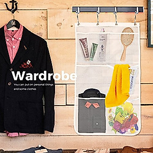 Yihoon Mesh Shower Caddy Curtains Organizer - Hanging Bathroom Shower Curtain Rod/Liner Hooks Accessories with 6 Pockets Save Space in Small Bathroom Tub 4 Rings