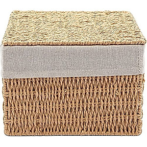 2-Pack Wicker Shelf Baskets with Lids and Removable Cotton Fabric Liners, Rectangular Home Storage Bins for Hand Towels, Toiletries, and Kitchen Counter (2 Sizes)