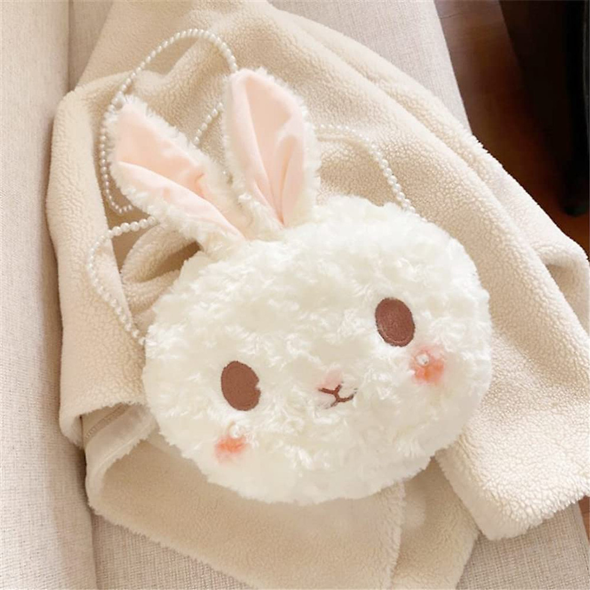 JIANEEXSQ Cute Bunny Crossbody Bag Kawaii Fluffy Plush Rabbit Animal Purse Lovely Lolita Girl Handbag Kids Teenagers Wallets (Pearl Chain), White