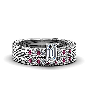 JewelryGift Antique Design Pave Engagement Rings sterling silver Created Pink Sapphire Emerald shape Pink color Milgrain Engagement Rings pave Setting in Size 11 Fashion Jewelry