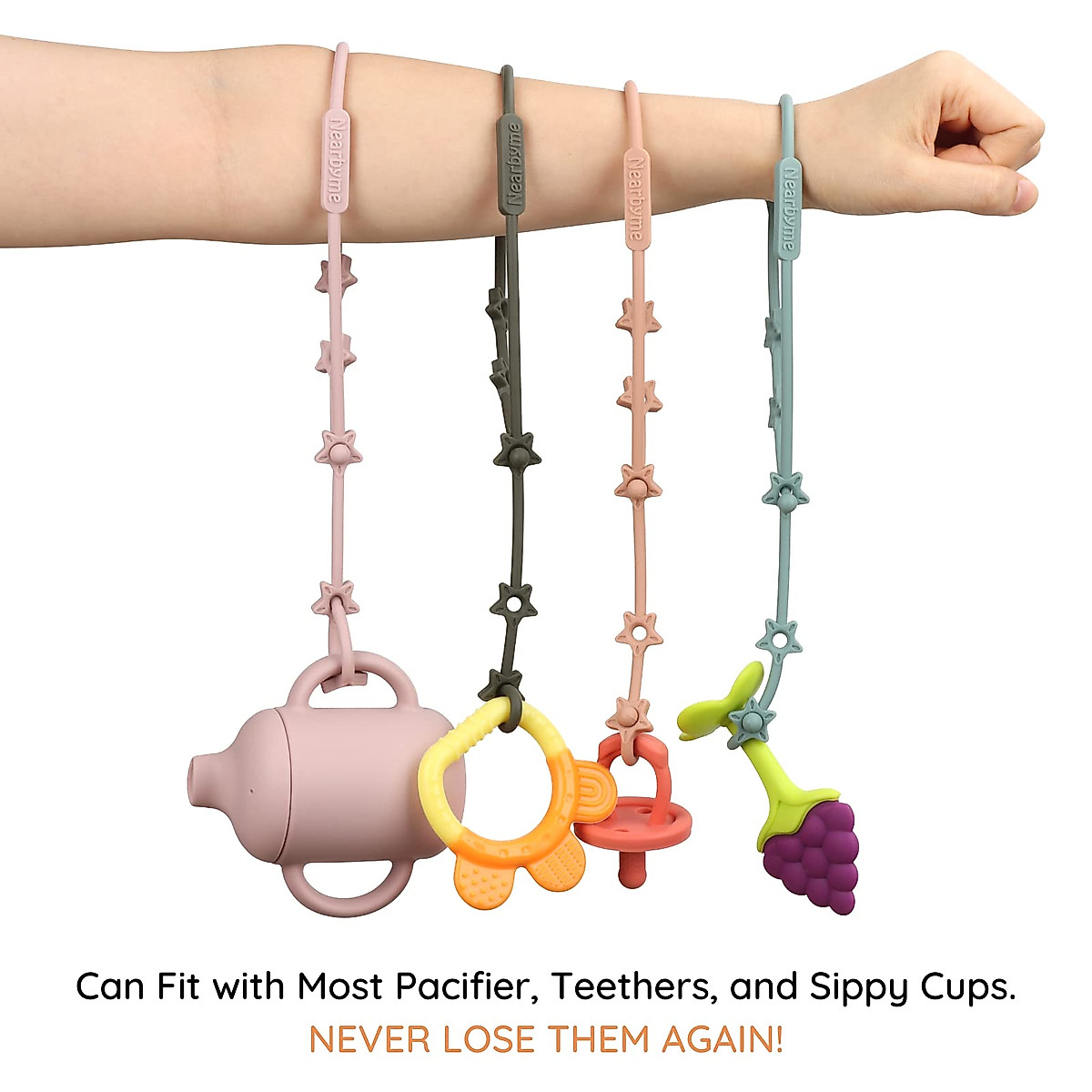 Toy Straps for Baby, 4 Pack Adjustable Stretchable Sippy Cup Straps, Sippy Bottles or Pacifier to Stroller, Highchair, Car Seat, Hanging Basket (4Pack, Blush/Muted/Clay/Gray)