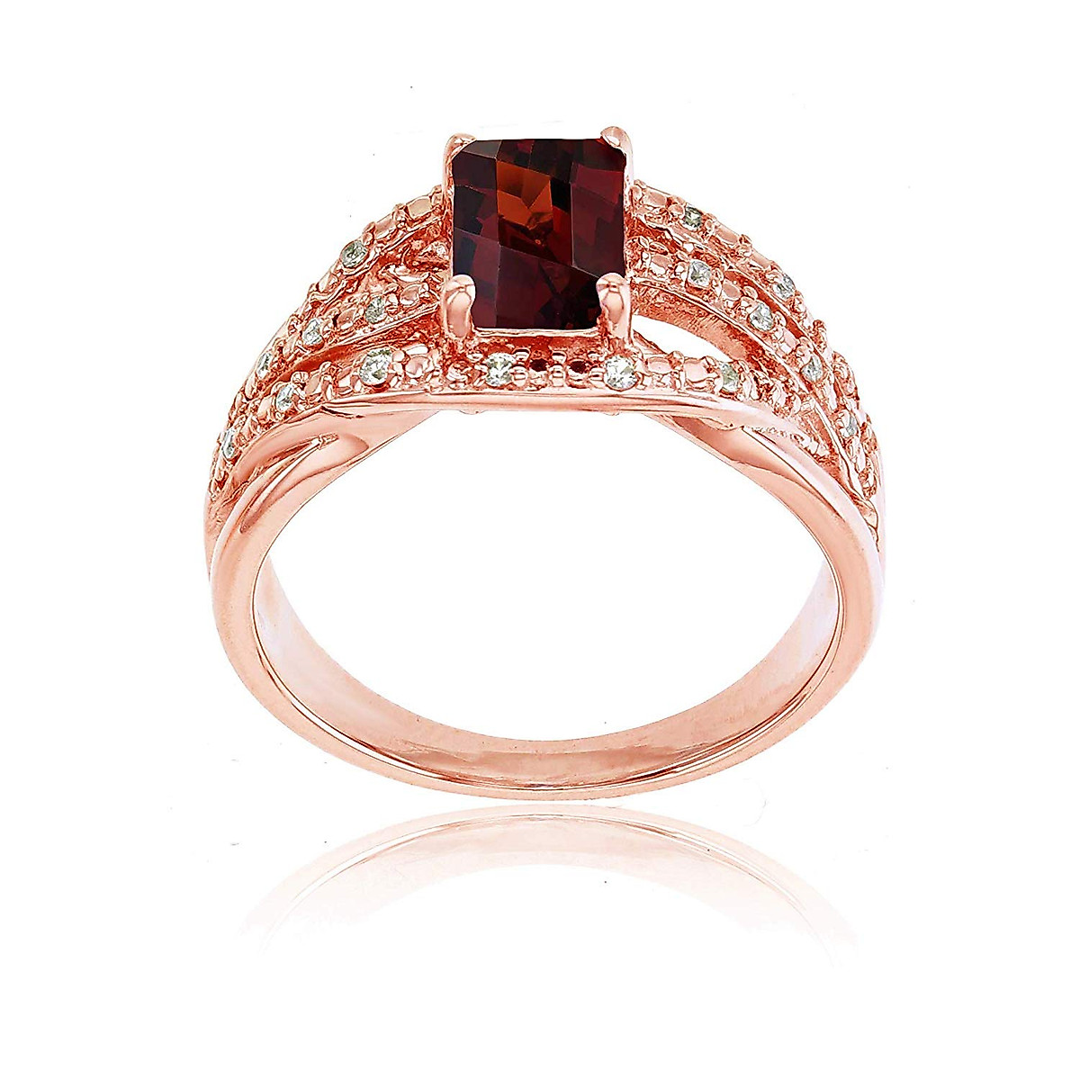 Sterling Silver Rose 1mm Created White Sapphire & 7x5mm Emerald Cut Garnet Ring