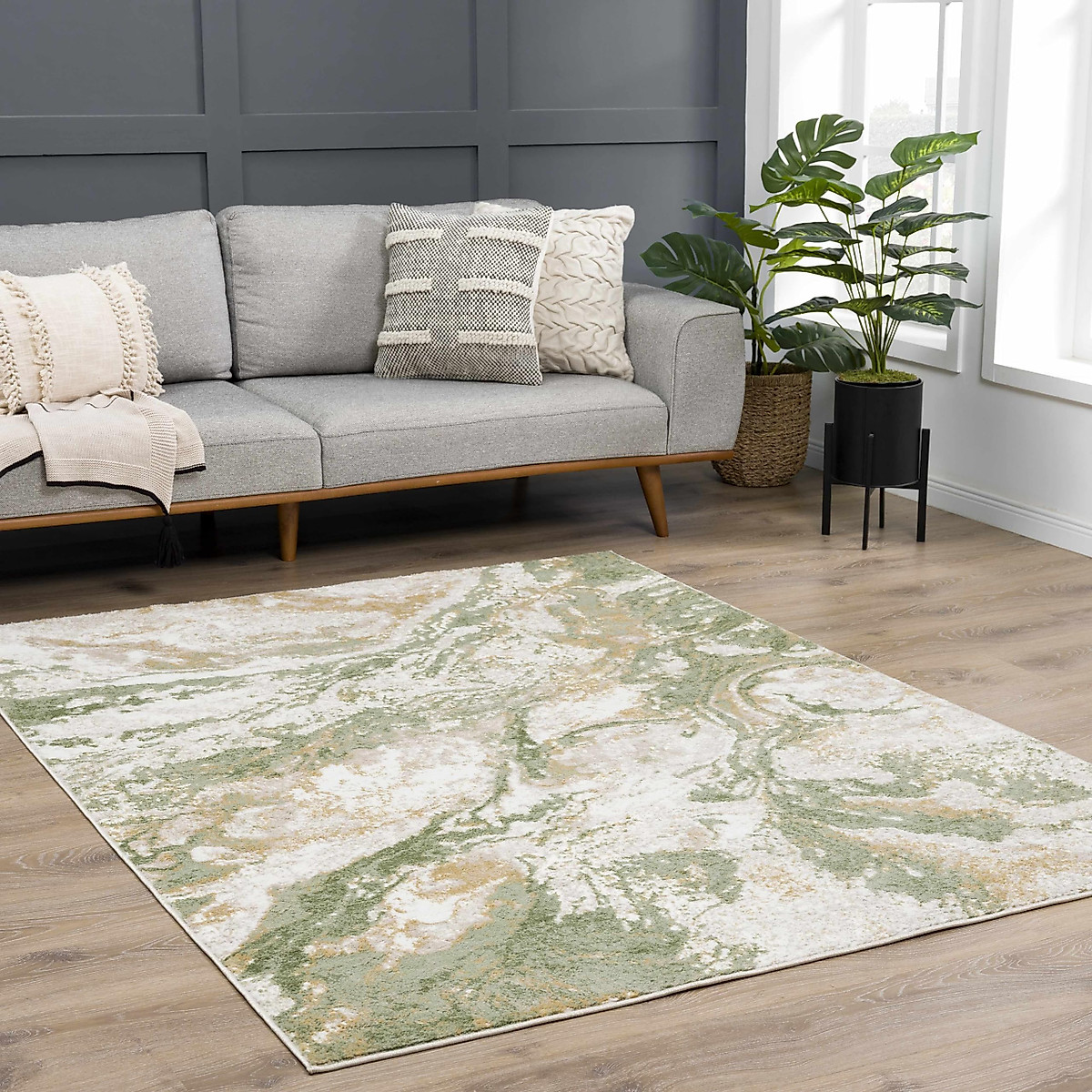 BoutiqueRugs Liverpool Modern Abstract Large Area Rug - Contemporary Marble Print Rug for Living Room - Cream, Green - 7'10" x 10' (8x10 Area Rug)