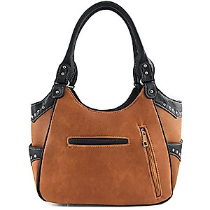Justin West Concealed Carry Laser Cut Square Concho Embellishment Cross Studded Antique Embroidery Handbag/Wallet/Messenger Purse (Brown Tote and Wallet Set)
