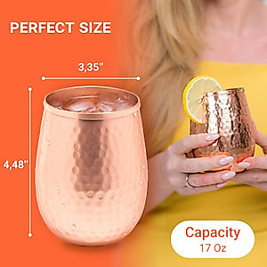 Copper wine glasses set of 4 – 17oz gleaming 100% solid hammered copper stemless wine cups – Valent for men and women – great copper tumblers for red or white wine and Moscow mules.