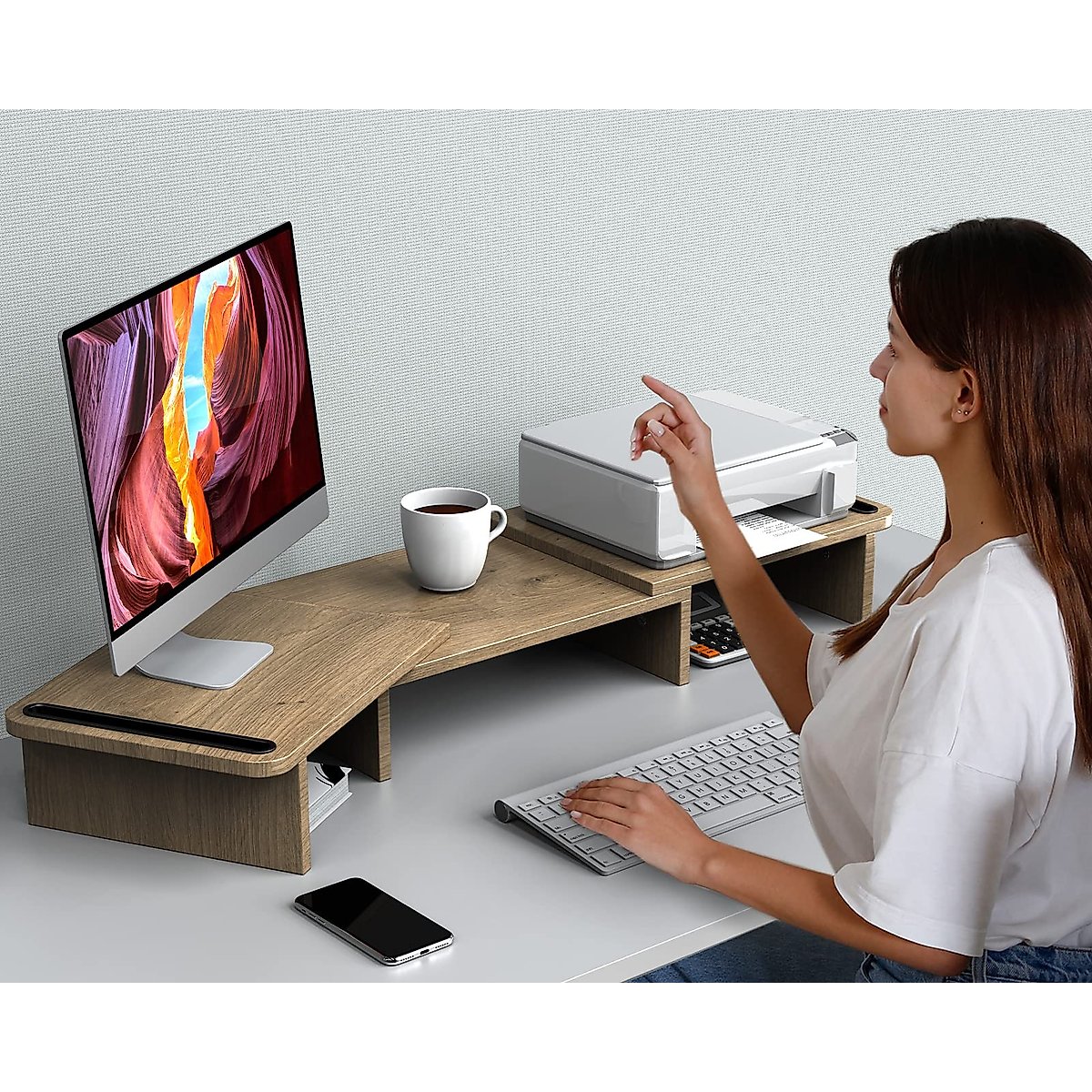 Zimilar Dual Monitor Stand Riser, Monitor Stand with Adjustable Length and Angle, Wood Monitor stand for desk, Monitor Riser for 2 monitors with Storage Space (Oak Large)
