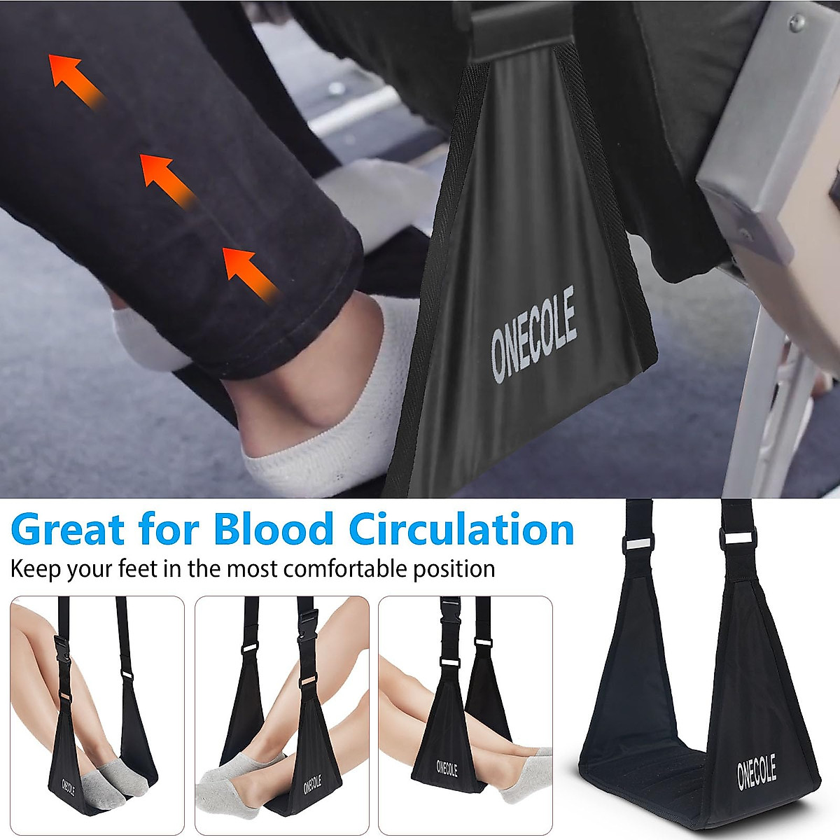 ONECOLE Airplane Footrest - Travel Foot Hommock with Memory Foam, Portable Adjustable Plane Leg Rest, No Clashing Footrest Provides Relaxation and Comfort for Long Flight (Black)
