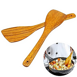 Wooden Spatula for Cooking - 12 Inch Premium Utensils Long Handled, Kitchen Spurtle Set Ideal for Pan and Wok - Wood Turner, Corner Spatula, Spoons, Scraper, Frying Pack of 2