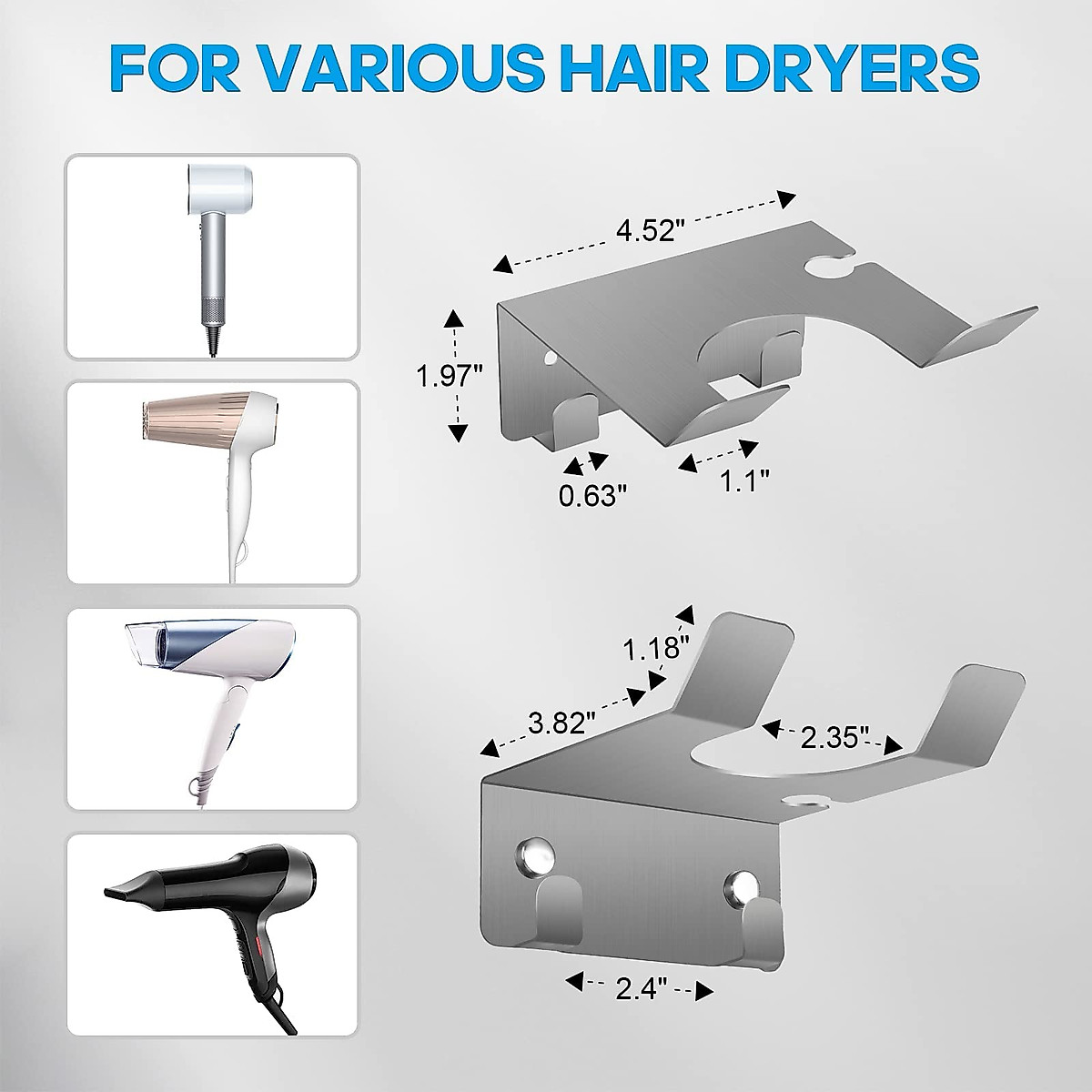 Hair Dryer Holder JWCE Blow Dryer Holder Wall Mounted Fit for Most Hair Dryers Self-Adhesive or Punch Installation for Bathroom (Silver)