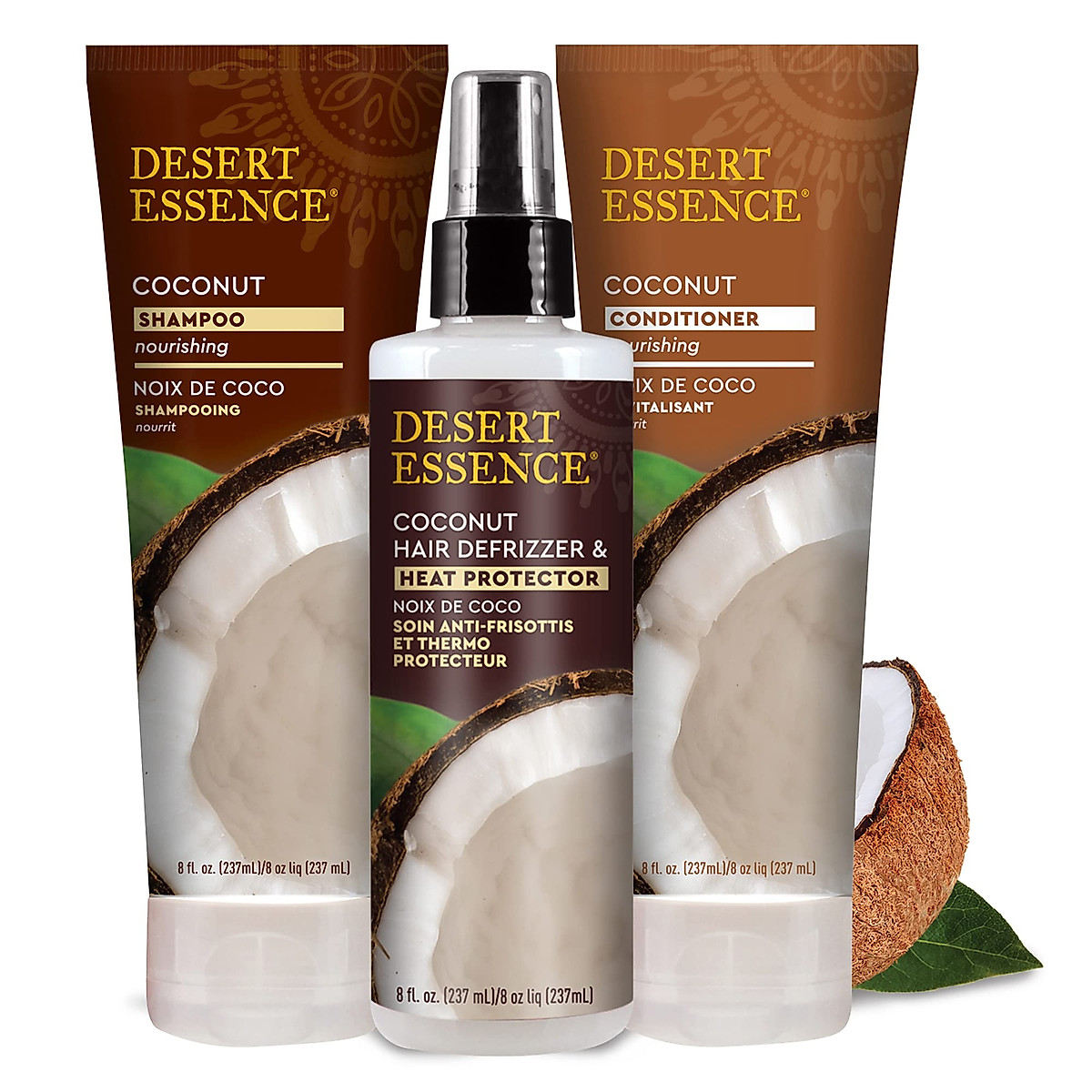Desert Essence Coconut Hair Defrizzer & Heat Protector 8 fl oz - Gluten Free, Vegan, Cruelty Free - Coconut Oil & Jojoba Seed Extract - Protects Hair from Heat & Styling Damage