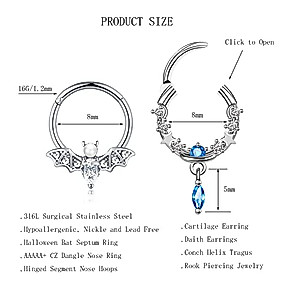 EVISPOL 2Pcs 16G Septum Nose Rings for Women Men, Stainless Steel Halloween Bat Septum Jewelry Dangle Hinged Nose Rings CZ Septum Clicker Cartilage Daith Tragus Helix Ear Piercing Jewelry-Danlge-Silver