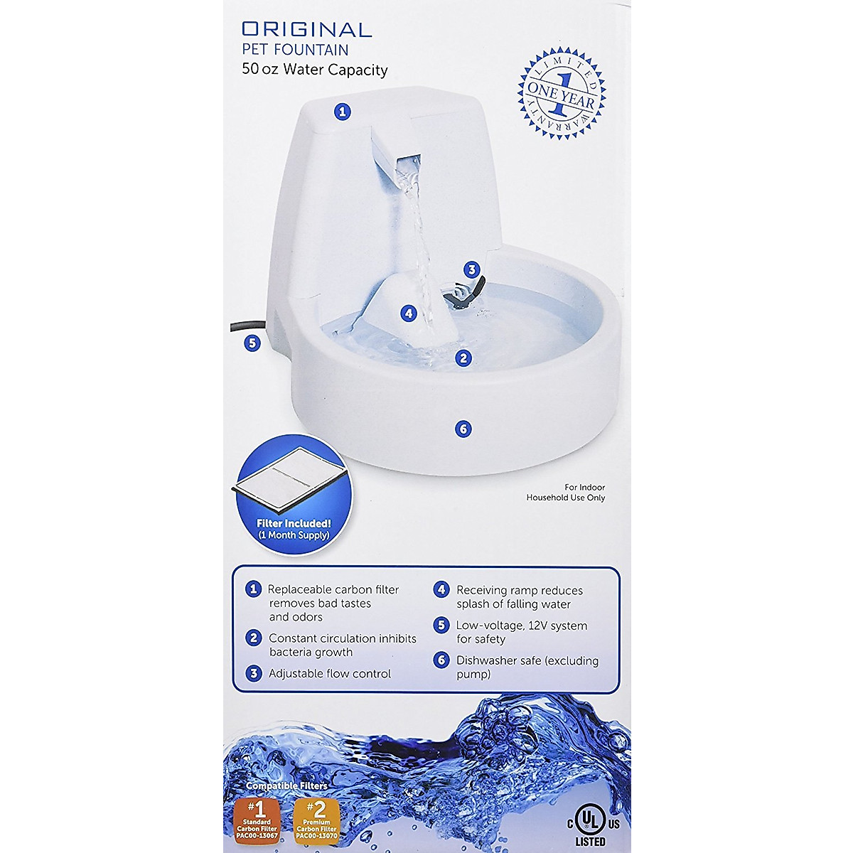 The PetSafe Drinkwell Original Automatic Cat Water Fountain or Dog Water Dispenser - 50 oz Capacity of Fresh, Filtered Water - Pet Fountain with Filter Included