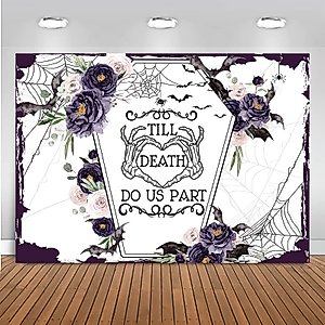 Mocsicka Till Death Do Us Part Backdrop Mr and Mrs Skull Halloween Wedding Party Decoration Flower Coffin Bachelorette Bridal Shower Engagement Party Banner (Purple, 7x5ft(82''x60''))