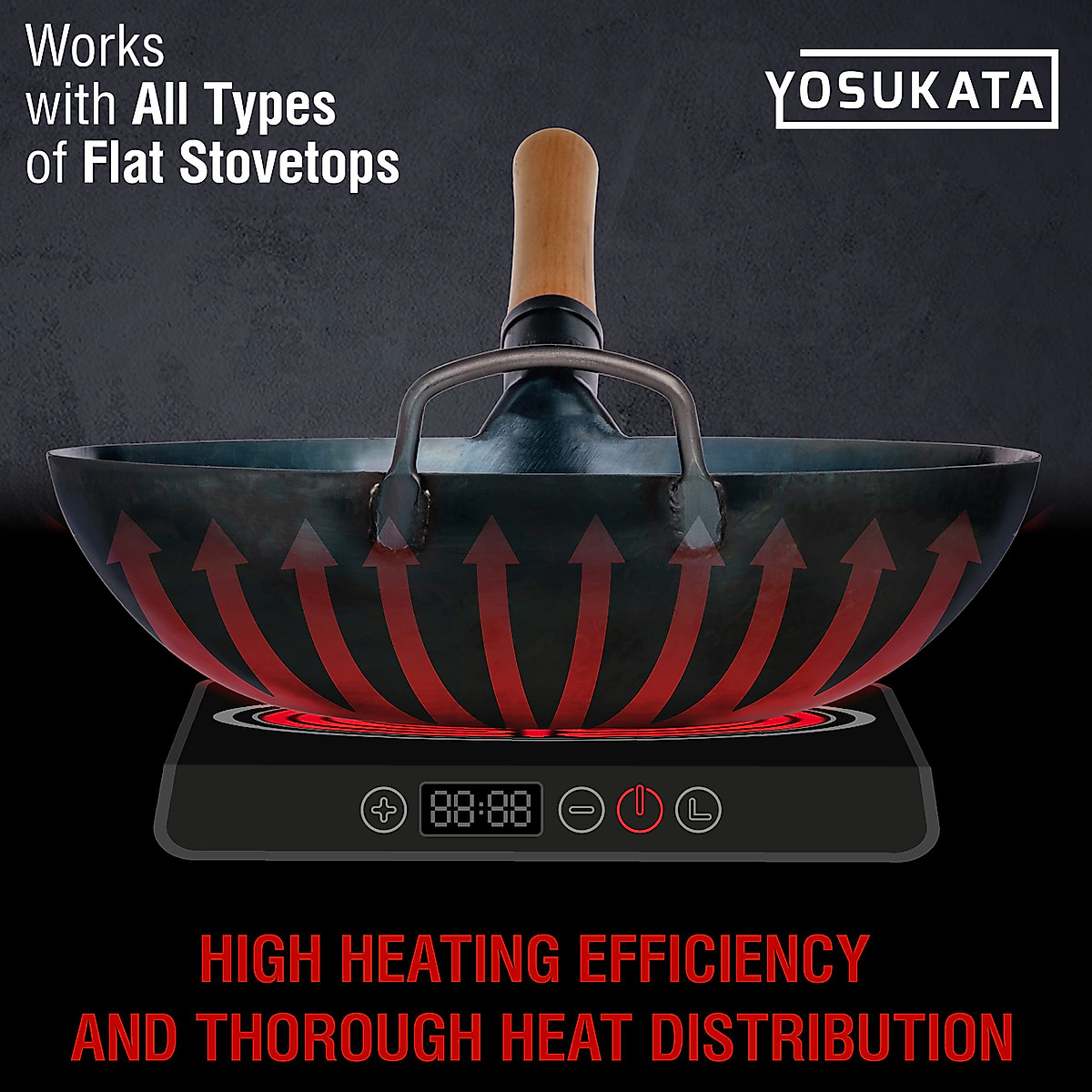 YOSUKATA Flat Bottom Wok Pan - 13.5" + Premium Wok Cover 13,5 inch Pan Lid - 13.5" Blue Carbon Steel Wok + 17’’ Wok Spatula and Ladle - Set of 2 Heat-Resistant Wok Tools