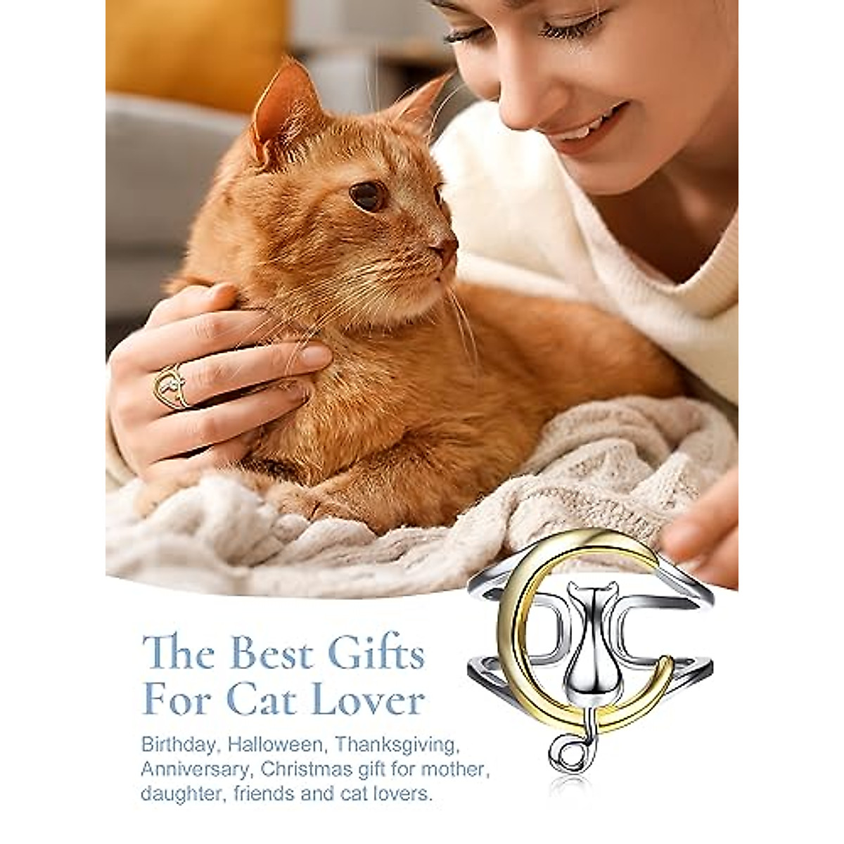 SILVERCUTE Women Cat Ring 925 Sterling Silver 18K Gold Plated Cat on the Moon Cute Wrap Ring Adjustable