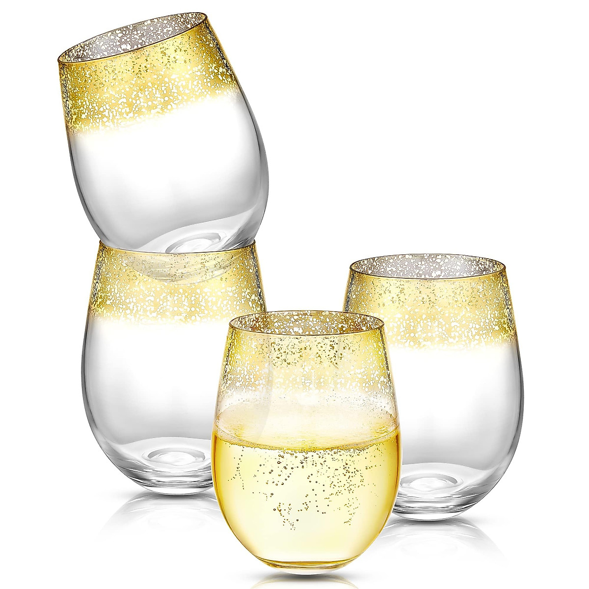 Kitchen Lux 18 oz Gold Rimmed Wine Glass - Unique Stemless Wine Glasses Set of 4 - Accented Rim - Large Gold Drinking Glass Cocktail Tumblers - Deluxe Glassware Gift Box for Christmas, Dishwasher Safe