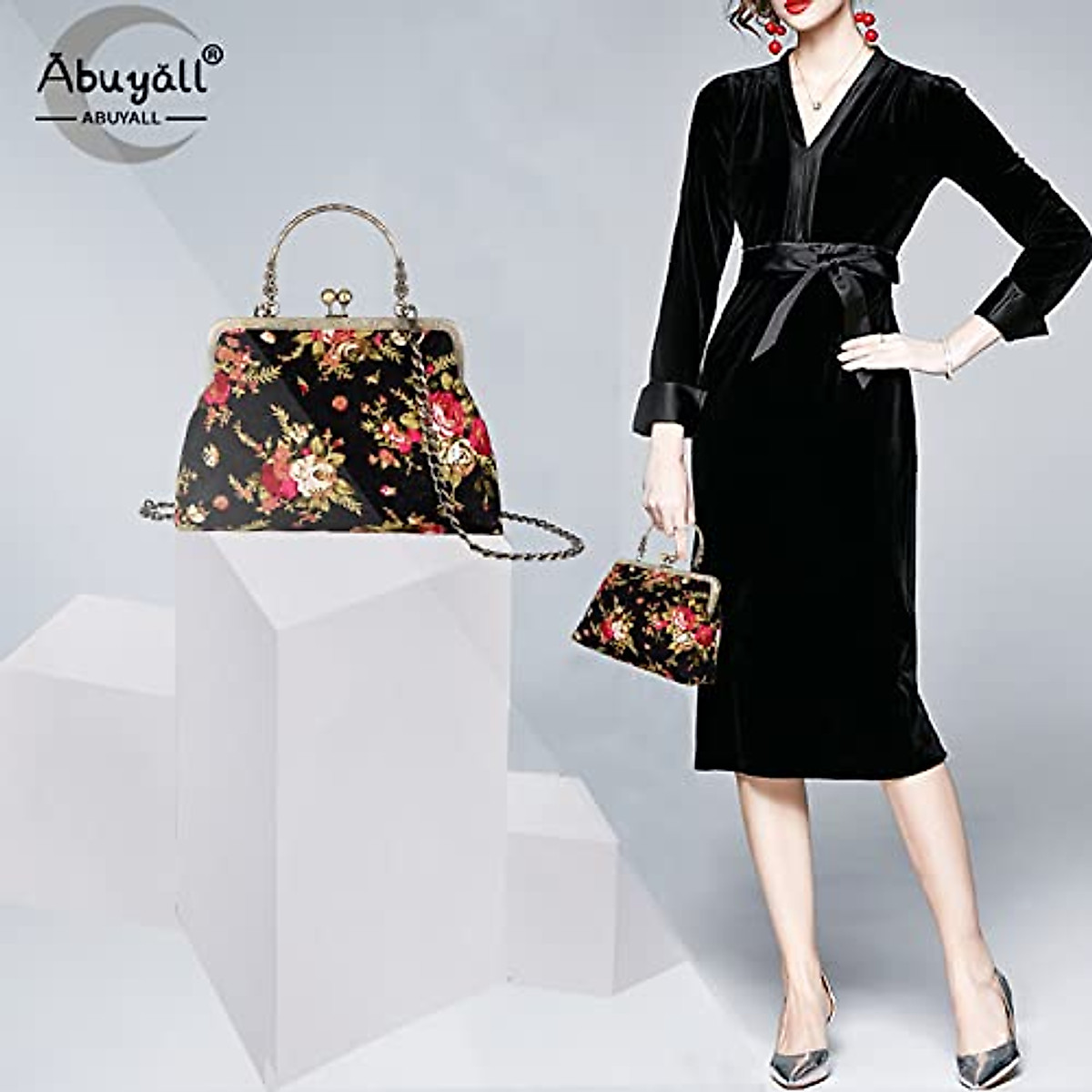Abuyall Vintage Handbags Floral Top-Handle Kiss Lock Evening Bag for Women Retro Purse with Chain Women's Clutch Bag for Party 1920s Clutch Purse (Black)