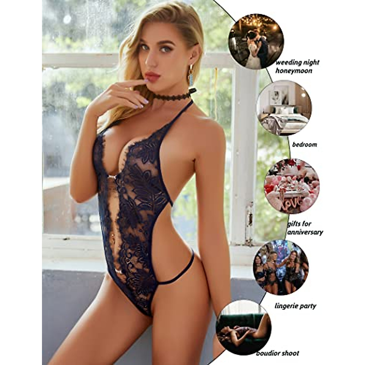 Avidlove One Piece Lace Lingerie for Women Sexy Teddy Bodysuit Halter Babydoll Navy Blue Small