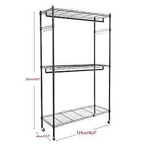 kemanner Heavy Duty Rolling Garment Rack 3-Tiers Wire Shelving W/ Double Rods & Lockable Wheels & 1 Pair Side Hooks - Hold Up to 400Lbs (Gray, 2Rod 2Hook)