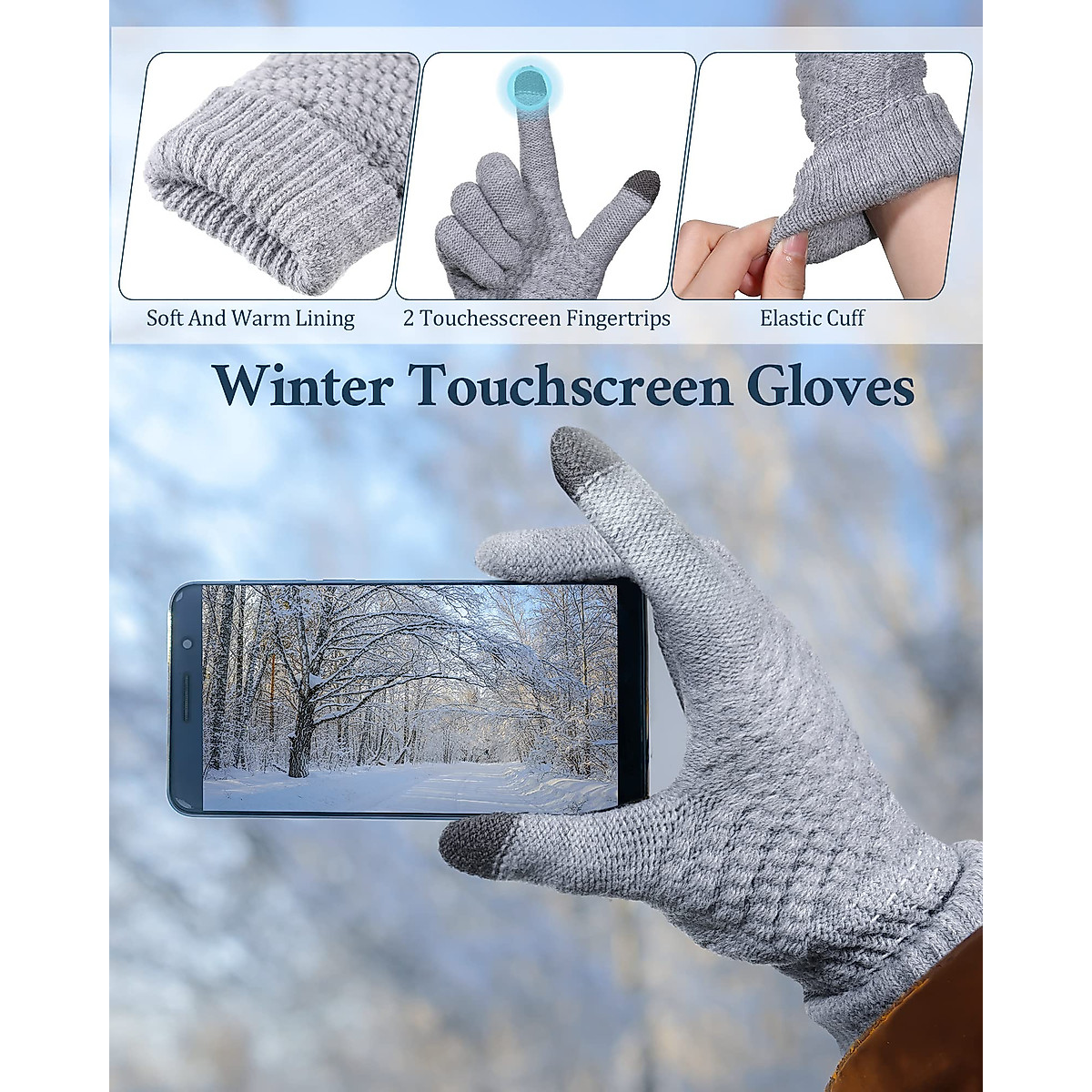 9 Pcs Winter Knitted Hat Scarf Gloves Set Warm Beanie Hat with Faux Fur Pom Fleece Lining Neck Warmer Touchscreen Gloves for Women, Men