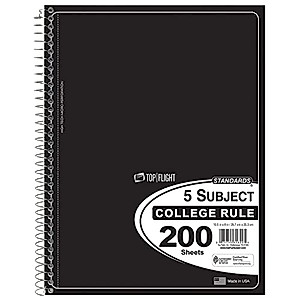 Top Flight Standards 5-Subject Wirebound Notebook, 200 Sheets, 3-Hole Punched, College Rule, 10.5 x 8 Inches, 1 Notebook, Color May Vary (31820)