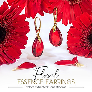 Amber by Mazukna - Cherry Red Amber Earrings for Women - Yellow Gold Plated Silver Leverback Closure - 1.69x0.59inch 0.19oz- Dainty Natural Gemstone Drop Jewelry