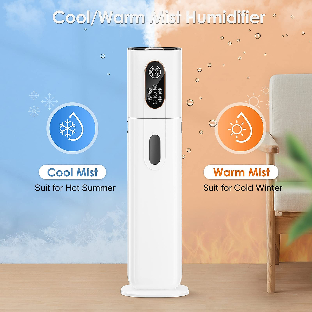 Humidifier for Large Room Bedroom, BITOWAT Warm & Cool Mist Humidifiers 9L/2.38 Gallon, Top Fill, Essential oil Tray, Custom Humidity, 3 Mist Level, Timing Setting, Remote Control