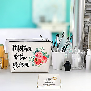 Frienda 2 Pack Mother Of The Bride Groom gifts Mother Of The Bride Groom Makeup Bags and Jewelry Dish Tray Bride Mother Gift Canvas Cosmetic Bag for Mom Wedding Gift(Mother of the Groom A)