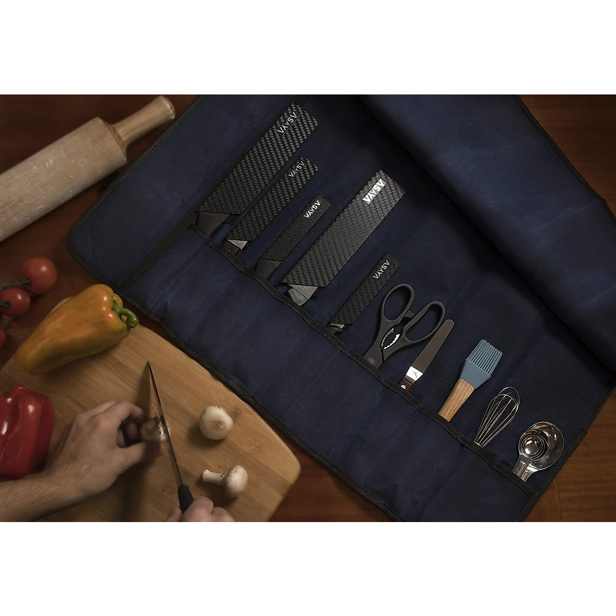 Asaya Canvas Chef Knife Roll Bag - 10 Knife Slots and a Large Zipper Pocket - Durable 10oz Canvas Knife Case with an Adjustable Shoulder Strap - Knives not Included