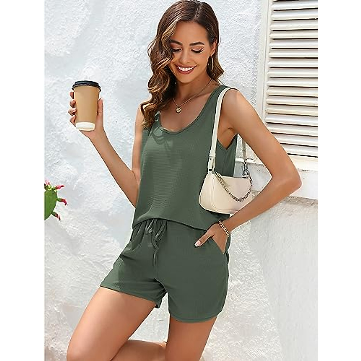 Andeip Womens Pajama Sets Sleeveless Tank Top and Shorts Two Piece Lounge Set Casual Nightwear Set Deep Green XL