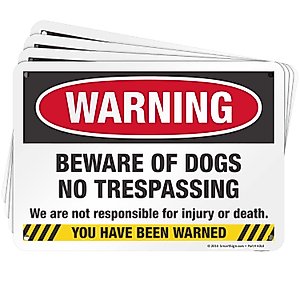 SmartSign (Pack of 4) 7 x 10 inch “Warning - Beware Of Dogs, No Trespassing, Not Responsible For Injury Or Death” Metal Sign, 40 mil Laminated Rustproof Aluminum, Red, Black,Yellow and White, USA-Made