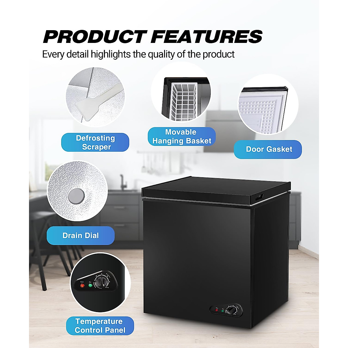 Tymyp Chest Freezer Deep Freezer 5.0 Cu.Ft Freezer Black Free-Standing Top Door Freezer Adjustable 7 Thermostat and Removable Basket Open Deep Freezer Energy Saving Garage Basement Apartment Kitchen