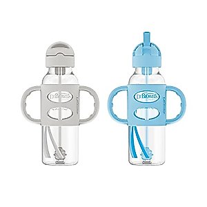 Dr. Brown’s® Milestones™ Narrow Sippy Straw Bottle with 100% Silicone Handles, 8oz/250mL, Gray & Blue, 2 Pack, 6m+