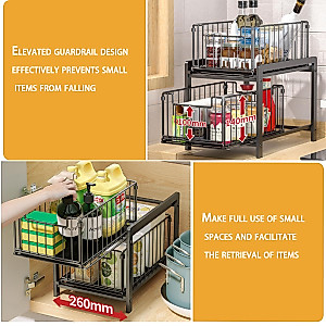 2-Tie Under Sink Cabinets Organizer with Sliding Storage Drawer, Pull Out Cabinets Organizer Shelf, Sliding Kitchen Countertop Storage Basket (black)