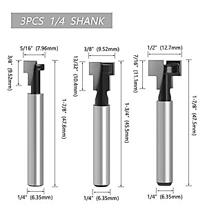 Keyhole Router Bits Set, T-Slot Bolts Keyhole bit, T Track Router bit, for Wood T-Track Slotting Wood Router Tool, (1/4 in Shank, 5/16 3/8 1/2 Inch Blade Diameter, 3Pcs)