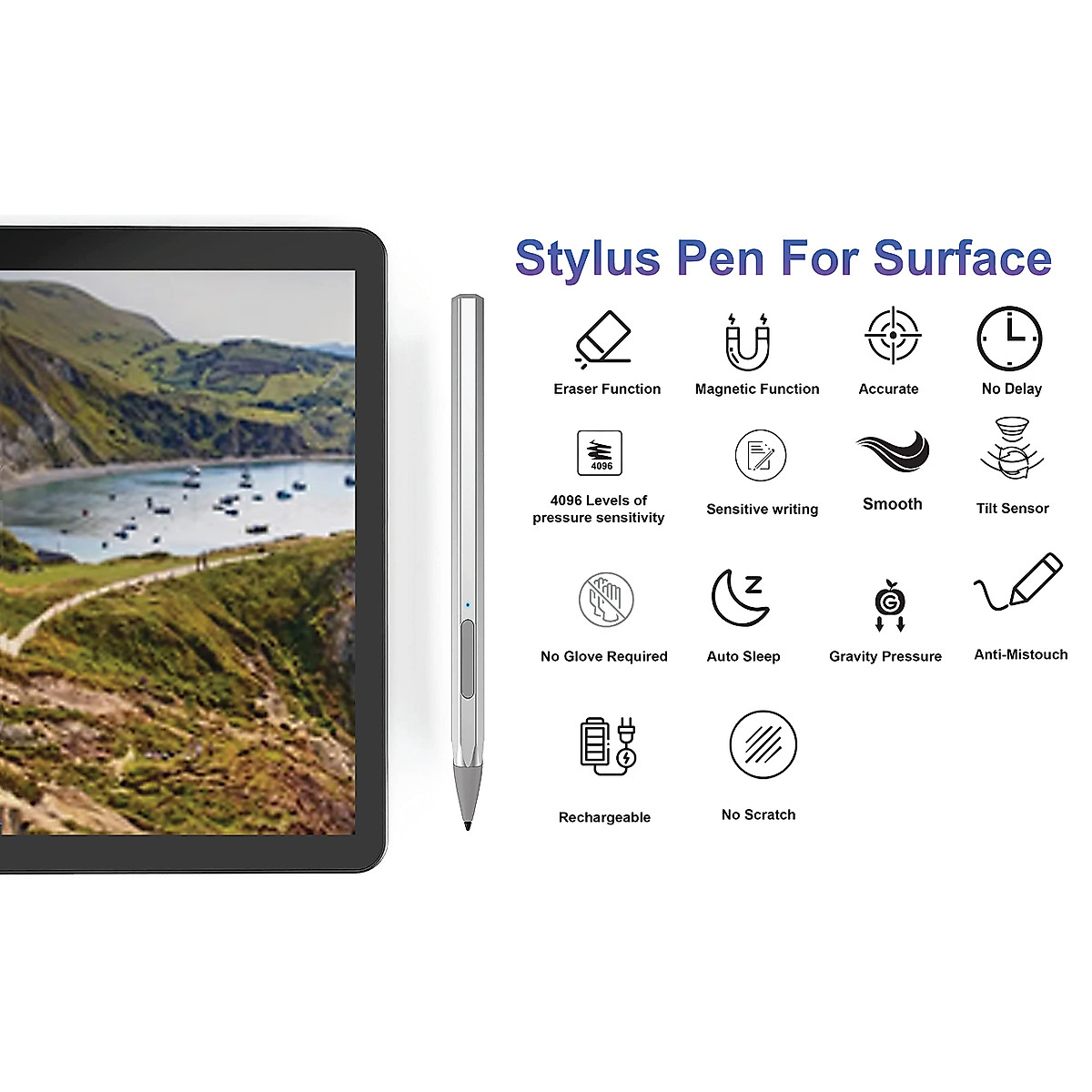 4096 Pressure Stylus Pen for Microsoft Surface Pro 9/8/7/6/5/4/3/X Surface Laptop Book Studio Surface 3/Go3/Go2/Go Pen Protocol, Magnetic Hold, Erase Copy Paste+Tilt&Palm Rejection Function (Silver)