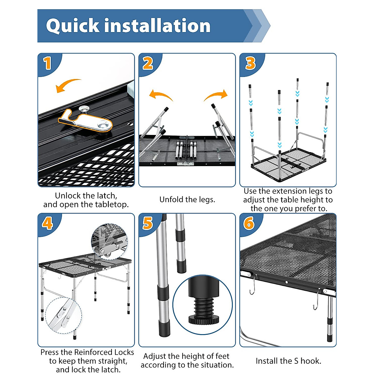 Sportneer Grill Table for Outside, 3ft(L) x 2ft(W) Height Adjustable Camping Table Lightweight Aluminum Folding Portable Metal Folding Outdoor Grill Table for Camping Cooking BBQ RV Picnic (Black)