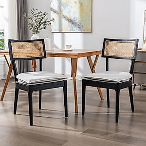 Guyou Black Rattan Dining Chairs Set of 4, Linen Upholstered Farmhouse Dining Chairs with Cane Back, Wood Kitchen Dining Chairs with Removable Cushion, Armless Cane Dining Chair for Dinner Living Room