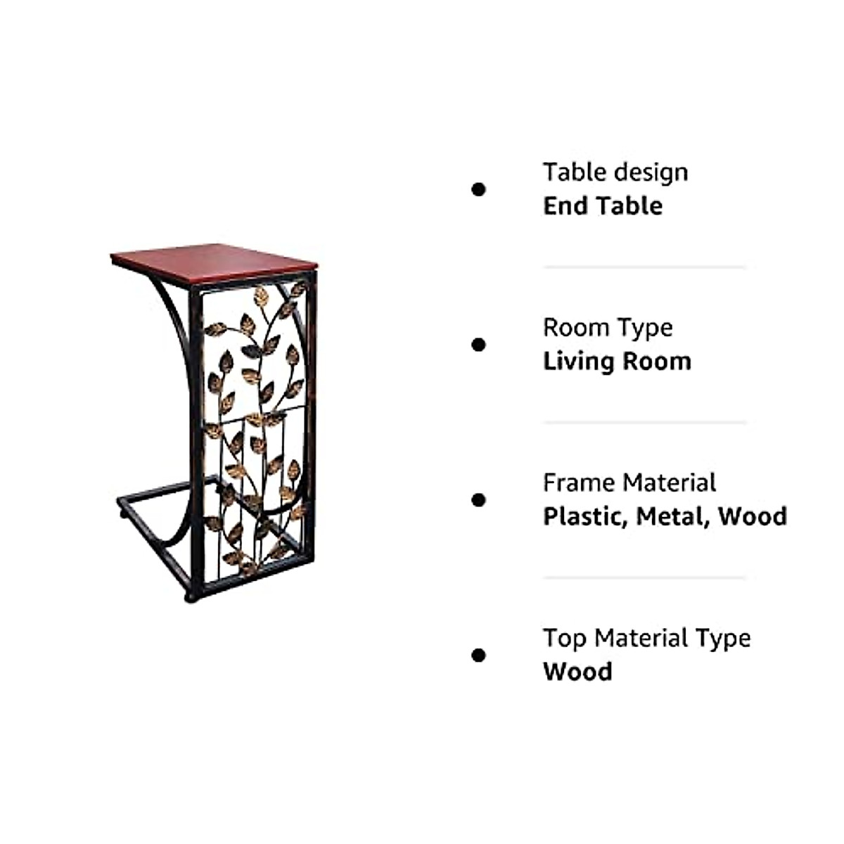 Sofa Side and End Table, Small - Metal, Dark Brown Wood Top With Leaf Design - Perfect for Your Living Room, Slides Up To Sofa / Chair / Recliner - Keep Snacks, Drinks Books & Phone At Easy Reach