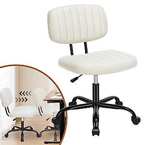 NEWBULIG Small Office Chair Armless with Wheels, Swivel Desk Seat with Back Lumbar Support Height Adjustable for Home Study Vanity, Pu leather, White