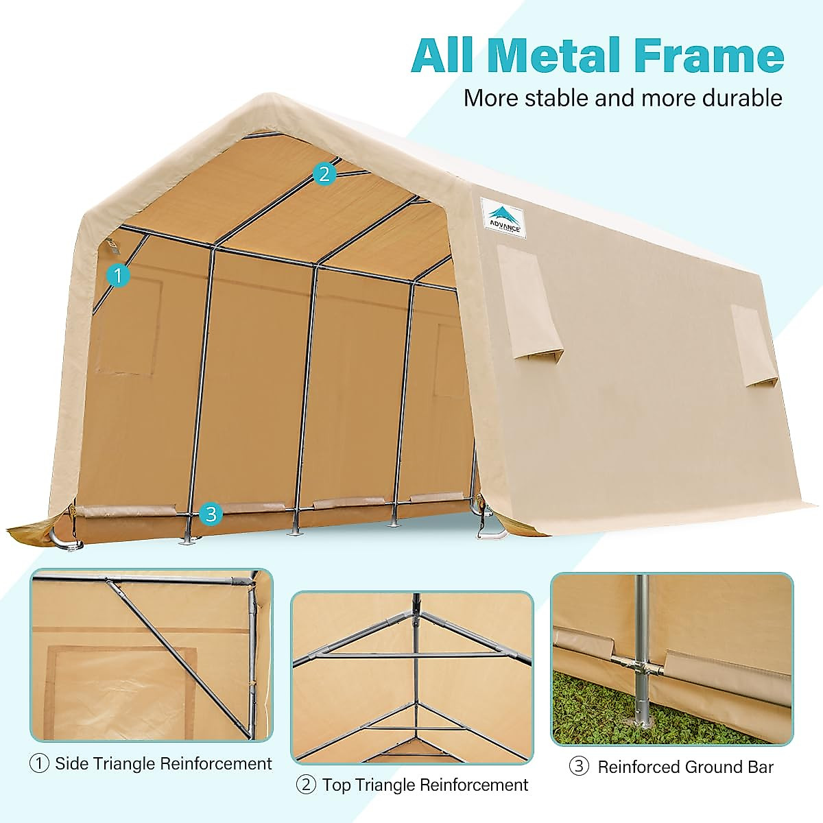 ADVANCE OUTDOOR 10X20 ft Carport Heavy Duty Outdoor Patio Anti-Snow Portable Canopy Storage Shelter Shed with 2 Rolled up Zipper Doors & Vents for Snowmobile Garden Tools, Beige