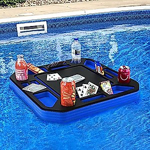 Polar Whale Floating Poker Table Blue and Black Game Tray for Pool Beach Party Float Lounge Durable Foam 23 Inch Chip Slots Drink Holders with Waterproof Playing Cards Deck UV Resistant