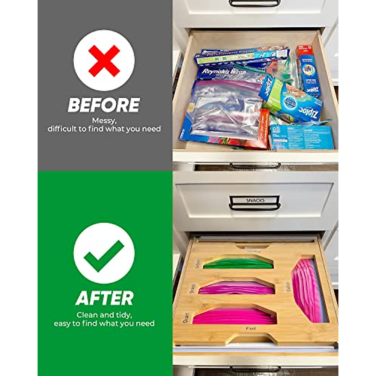 ONUEMP Ziplock Bag Storage Organizer for Kitchen Drawer, Aluminum Foil and Plastic Wrap Dispenser with Slide Cutter Fits 12" Roll, Bamboo Baggie Organizer Holder for Gallon, Quart, Sandwich and Snack