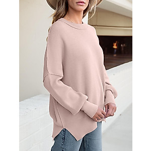 ANRABESS Women Crewneck Batwing Long Sleeve 2024 Fall Oversized Side Slit Ribbed Knit Pullover Sweaters Top Cozy Outfits Pink Small